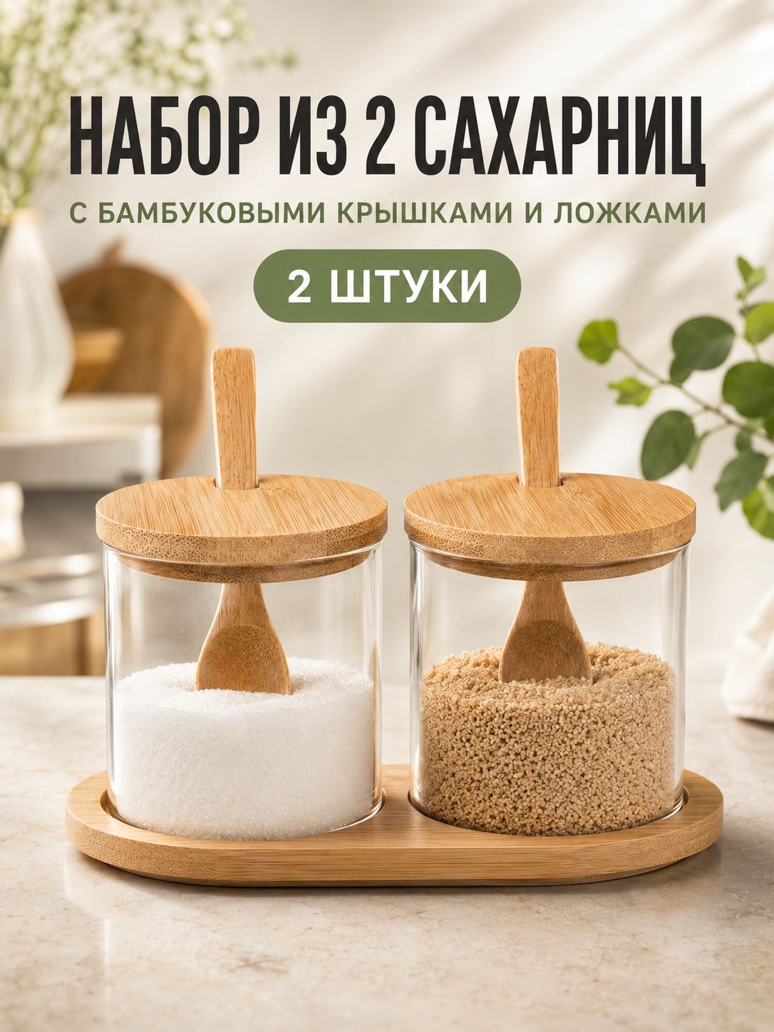 Сахарница и солонка стеклянная с ложкой и крышкой на подставке, банка для специи, банка для сыпучих продуктов, набор.