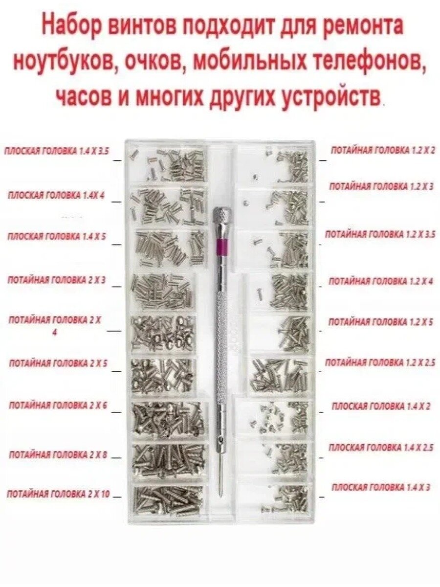 Набор мини-винтов 500 шт в сортировочном боксе, упорядоченные крепежные элементы