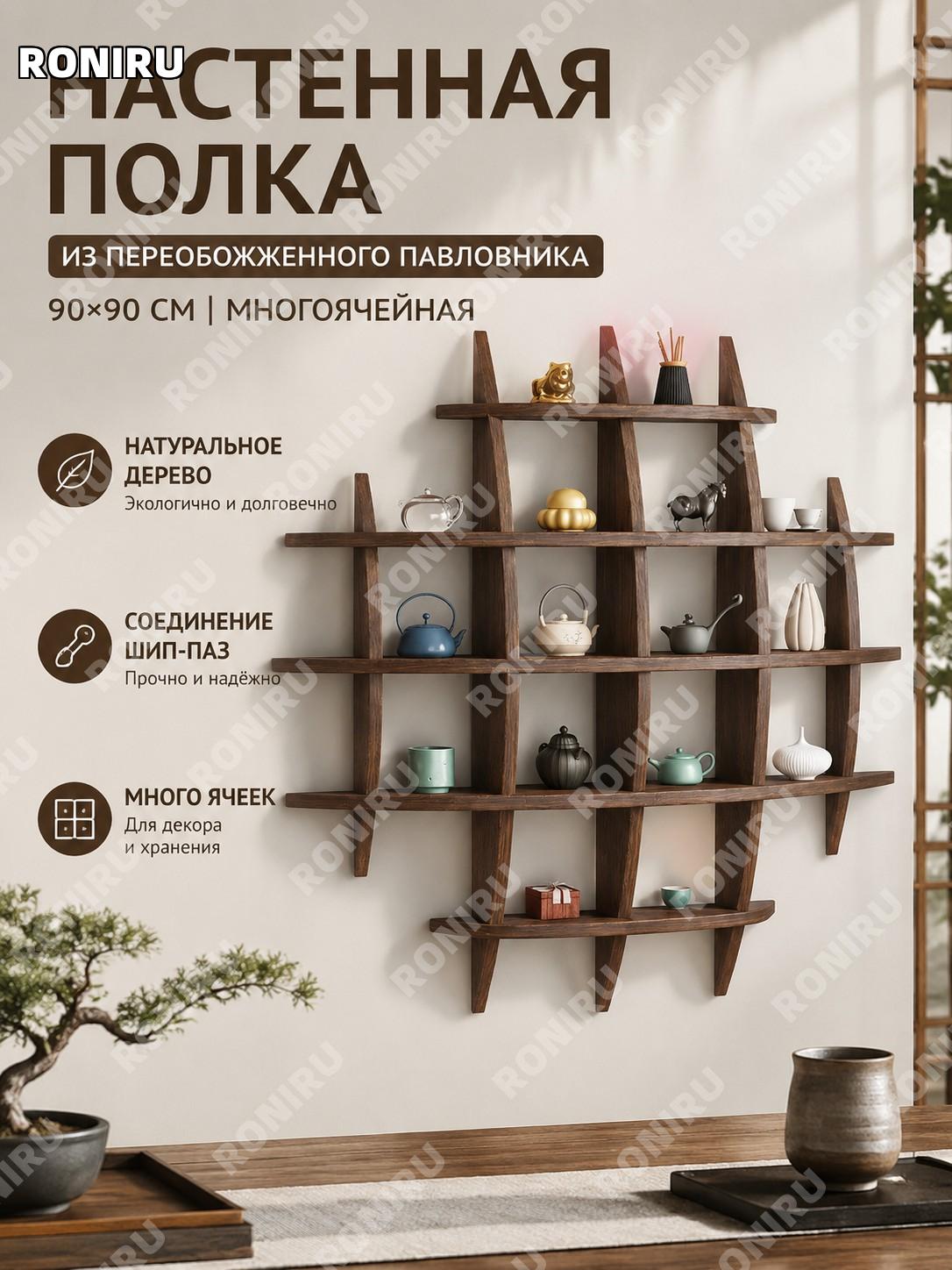 Настенная полка из дерева 90×90 см, многосекционная из древесины павловнии с соединением шип-паз для декора дома