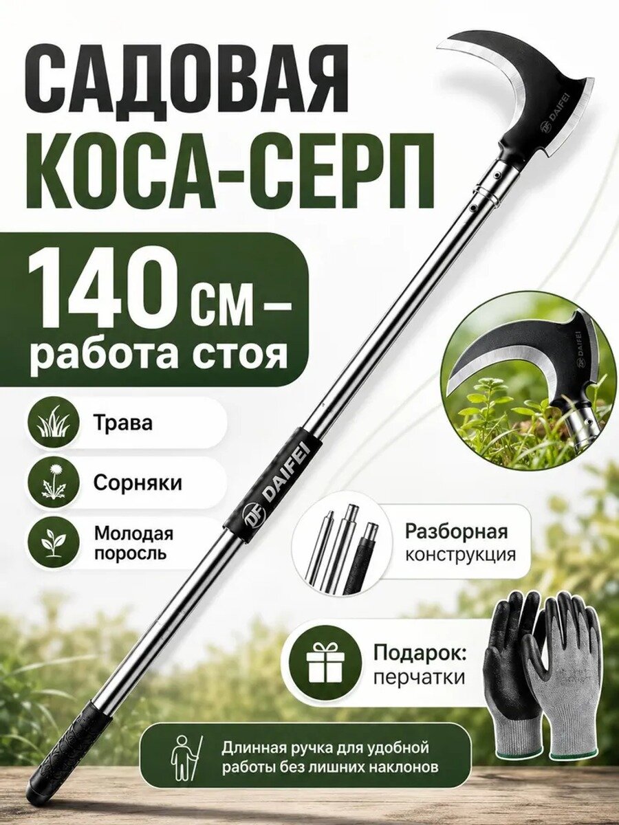 Коса высокоуглеродистая сталь лезвие 20 см 15 мм рукоять 140 см