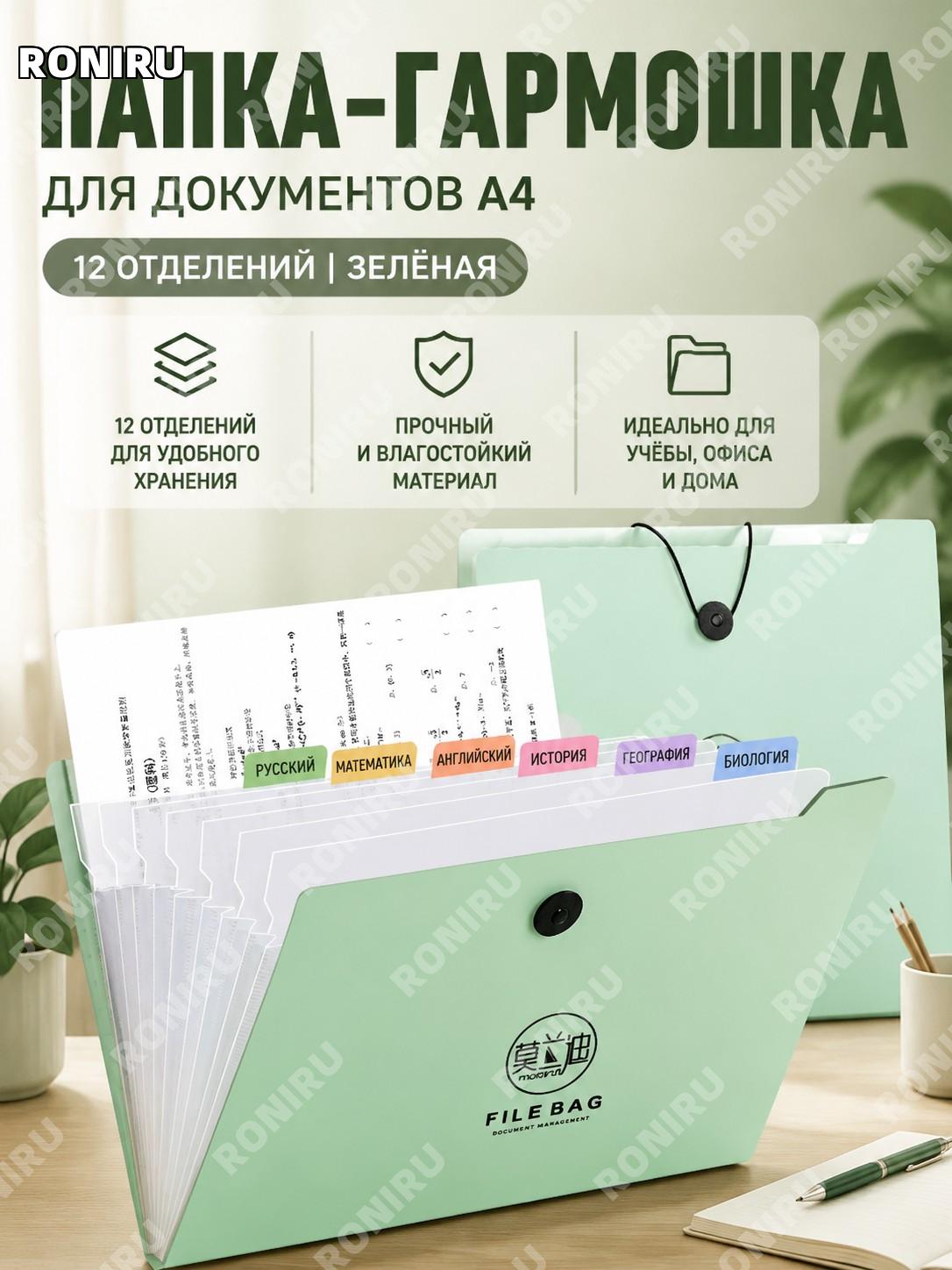 Папка-гармошка A4 для документов, 12 отделений зелёная, пластиковый файл-органайзер для хранения бумаг студентов