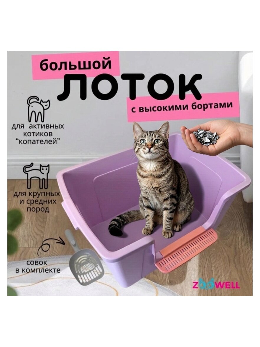 Туалет-лоток для кошек Zoowell Care MaineCoon style, высокий с бортиками и очистителем лап 61х42х30 см (ZWcare10)
