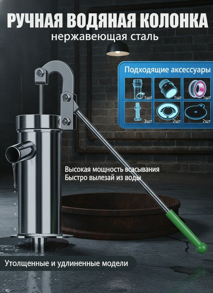 Ручной колодезный насос из нержавеющей стали, глубина до 8 м, Высота 55 сантиметров, вращающаяся ручка