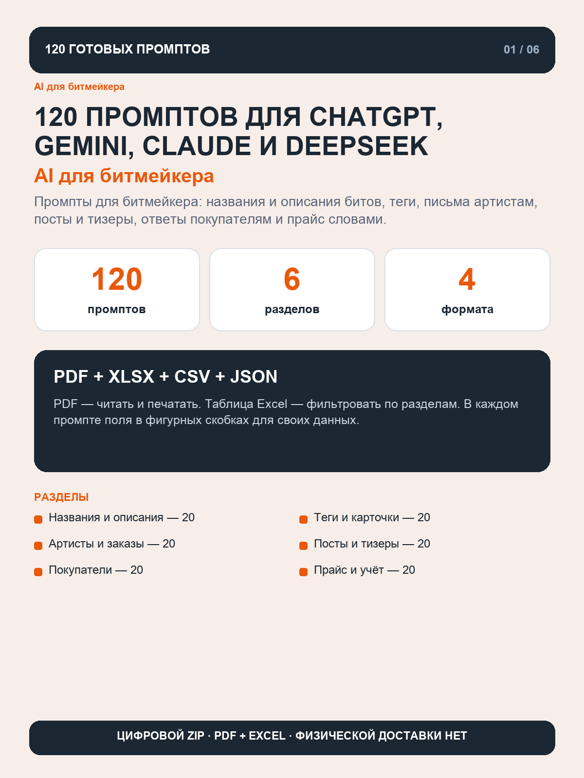 AI для битмейкера: 120 промптов для ChatGPT, Gemini, Claude и DeepSeek, цифровая книга PDF A4