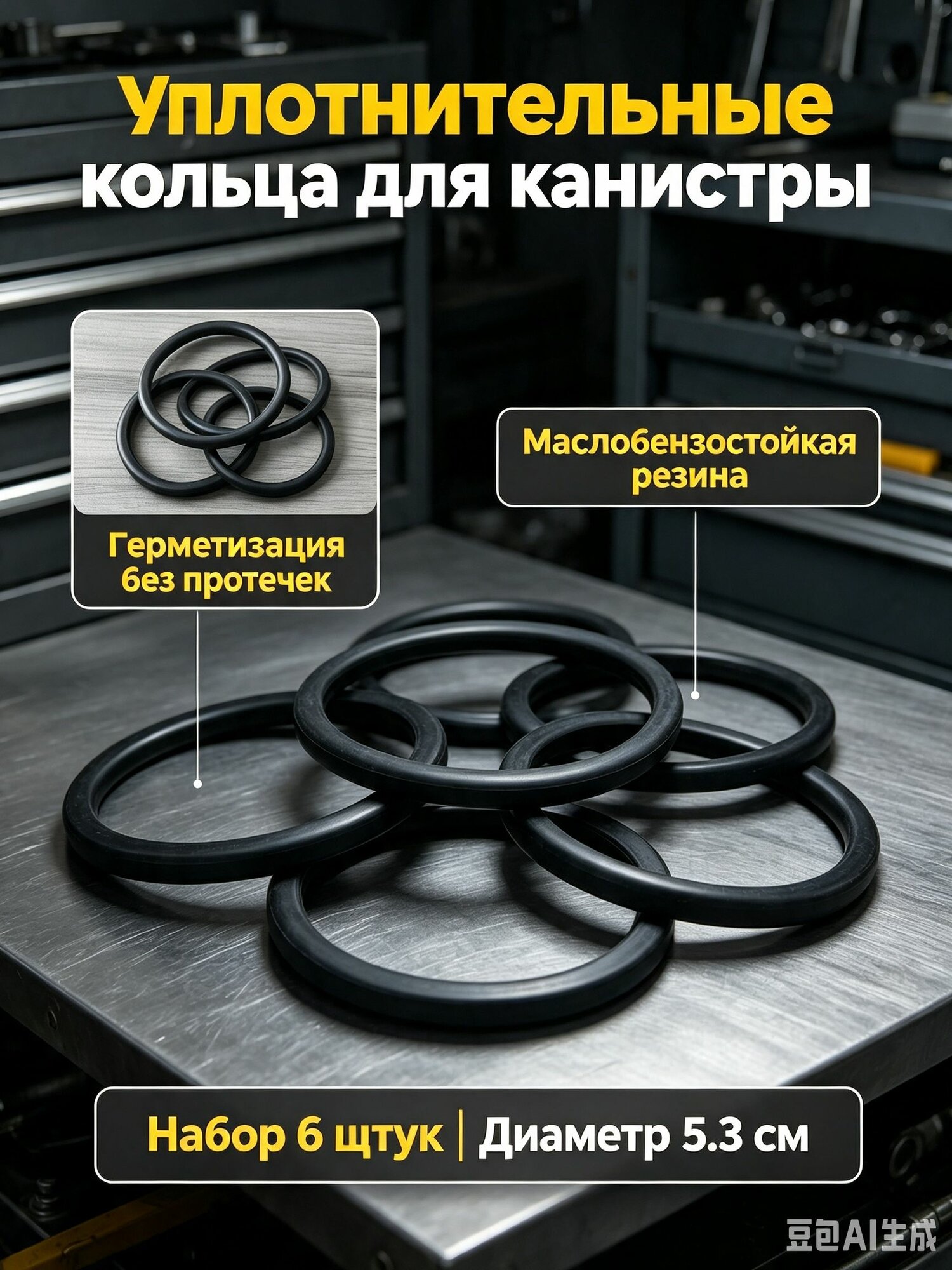 Прокладка, уплотнительное кольцо для металлической канистры 5.3 см набор 6 штук, резиновая бензостойкая для топлива и масла.