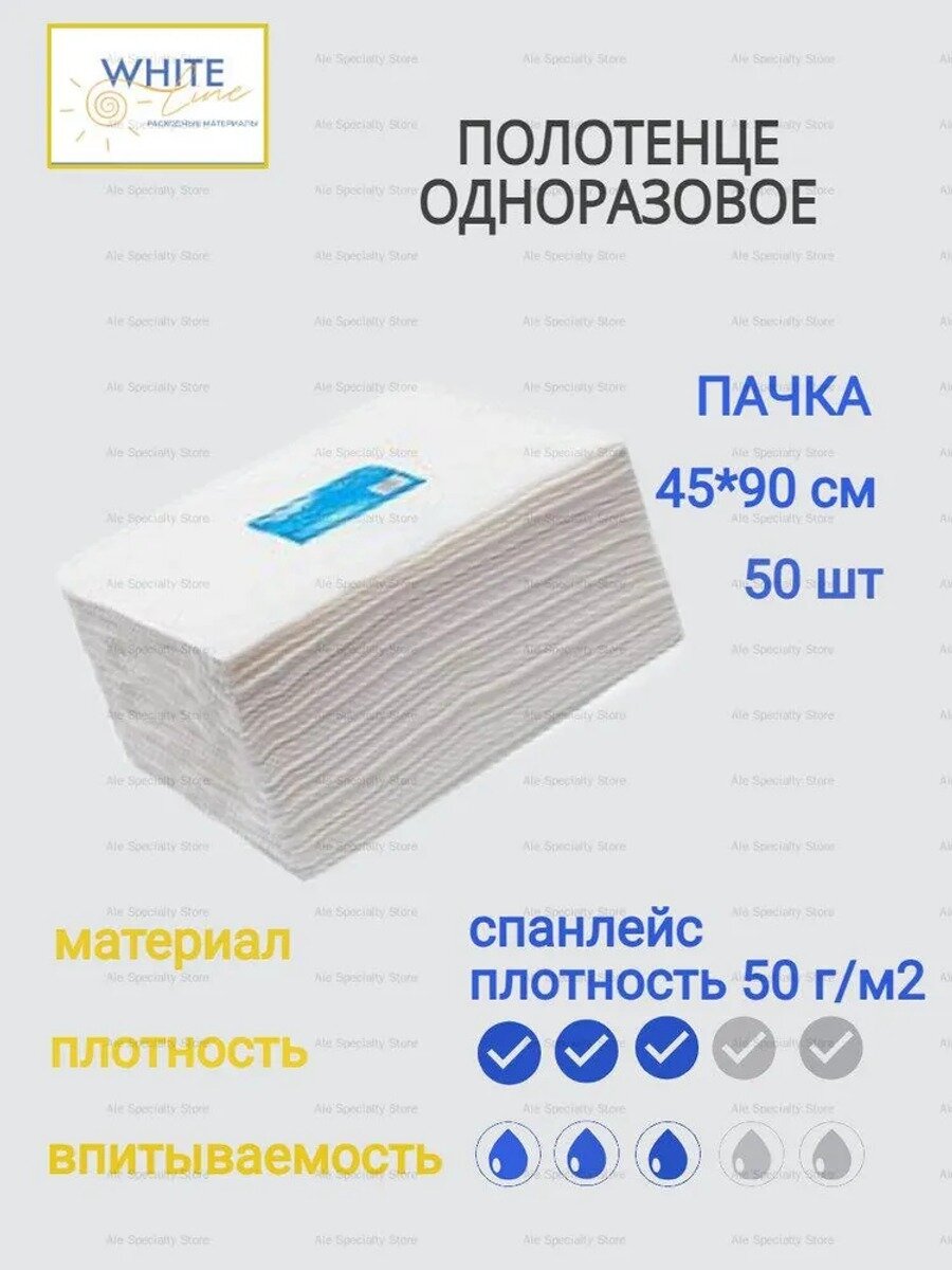Одноразовые бумажные полотенца 45х90 см из спанлейса, белые впитывающие, 50 шт в пачке