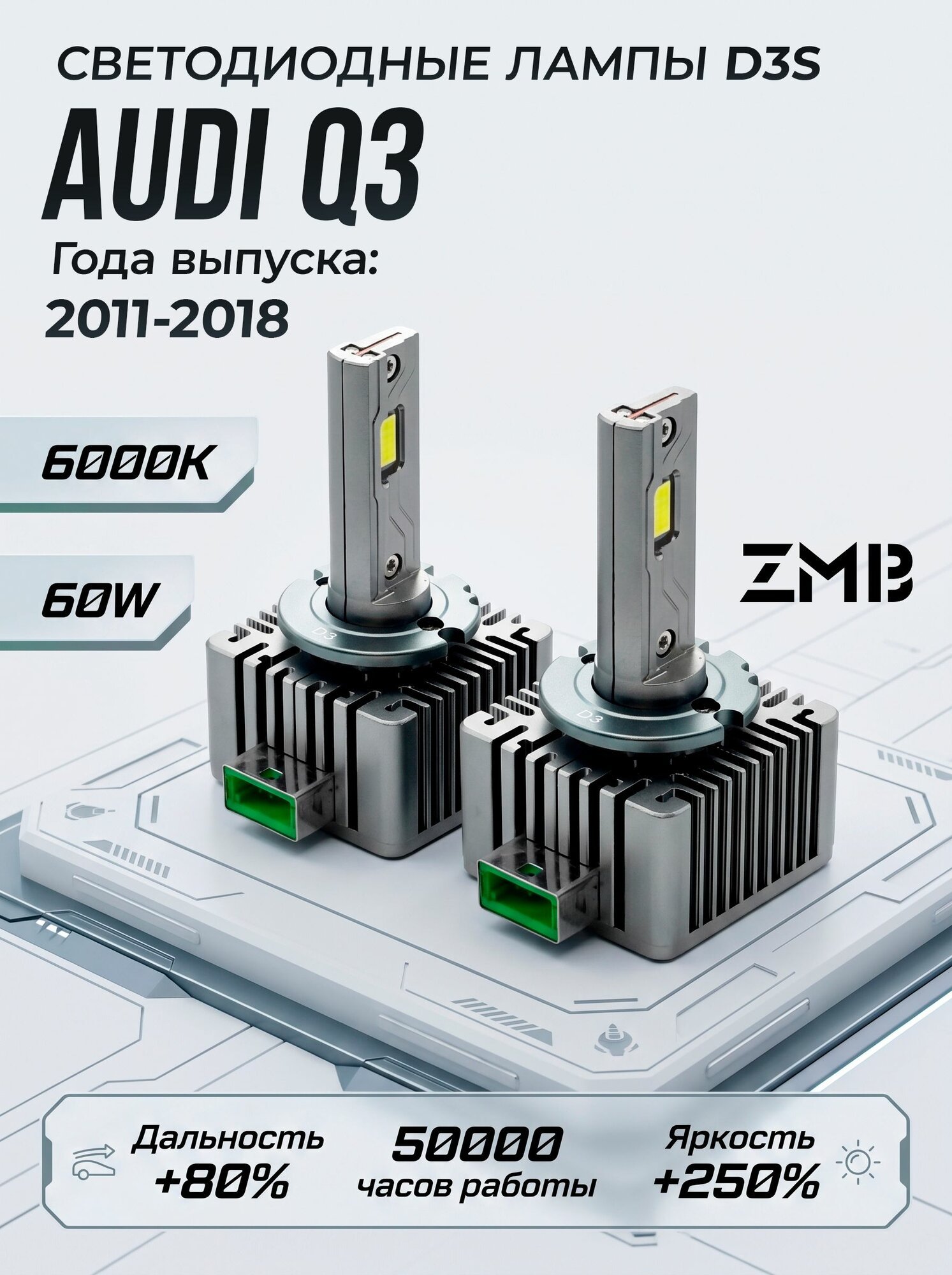 Светодиодные лампы ZMB D3S/R LED 60w на Audi Q3 2011-2018 / замена штатных ксеноновых ламп Д3C для Ауди Q3