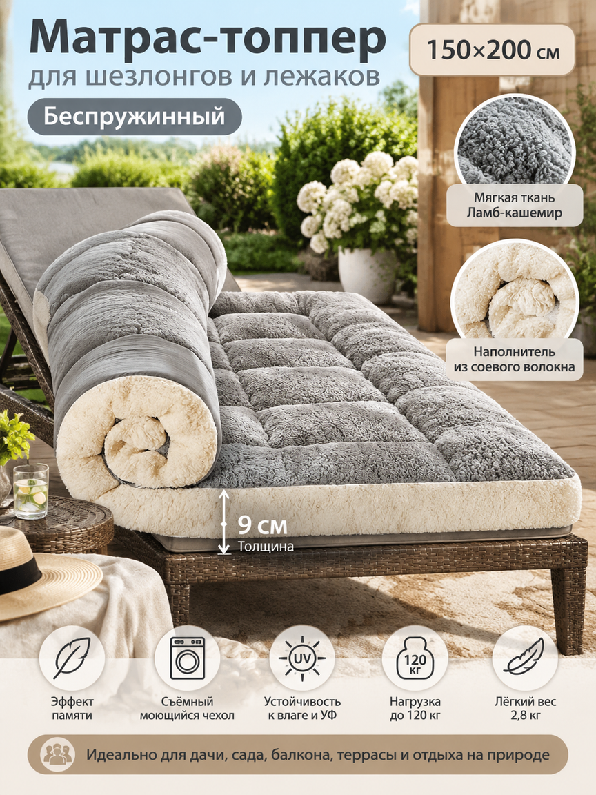Матрас-топпер беспружинный 150x200 см для лежака и шезлонга, серый, чехол съёмный моющийся