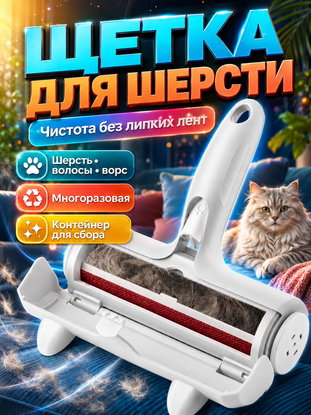 Щетка для удаления шерсти животных с одежды и мебели, многоразовый самоочищающийся ролик с контейнером для волос и ворса