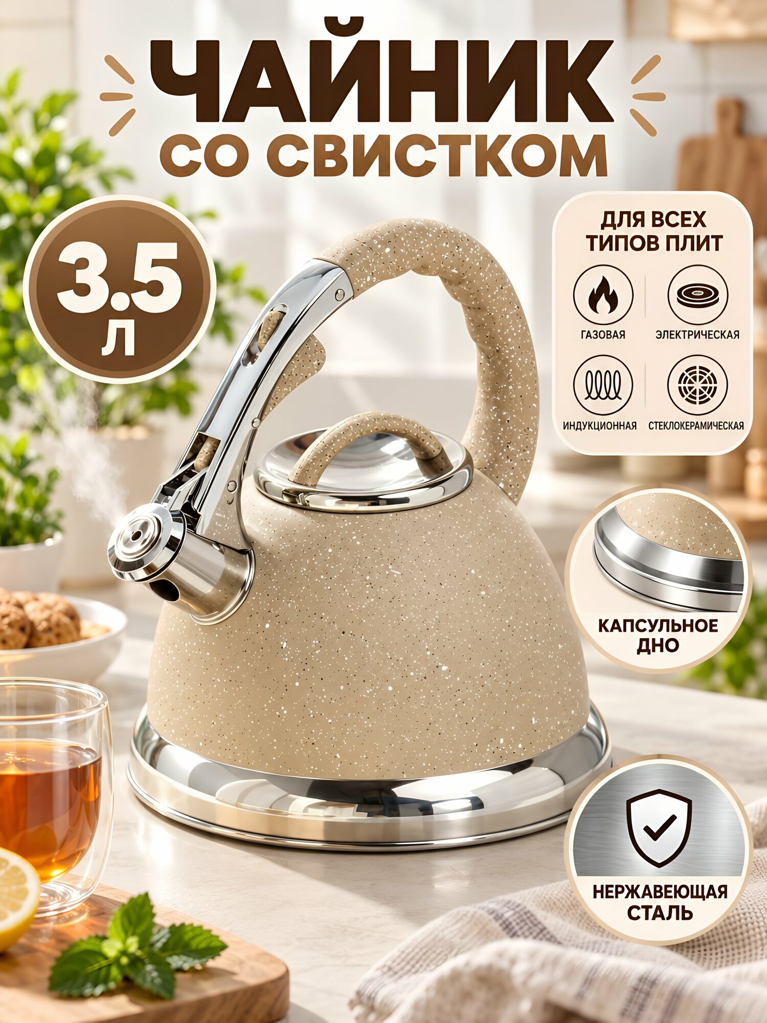 Чайник Daniks PK-W019 из нержавеющей стали 3.5 л, бежевый, со свистком, для индукционных и газовых плит, матовый