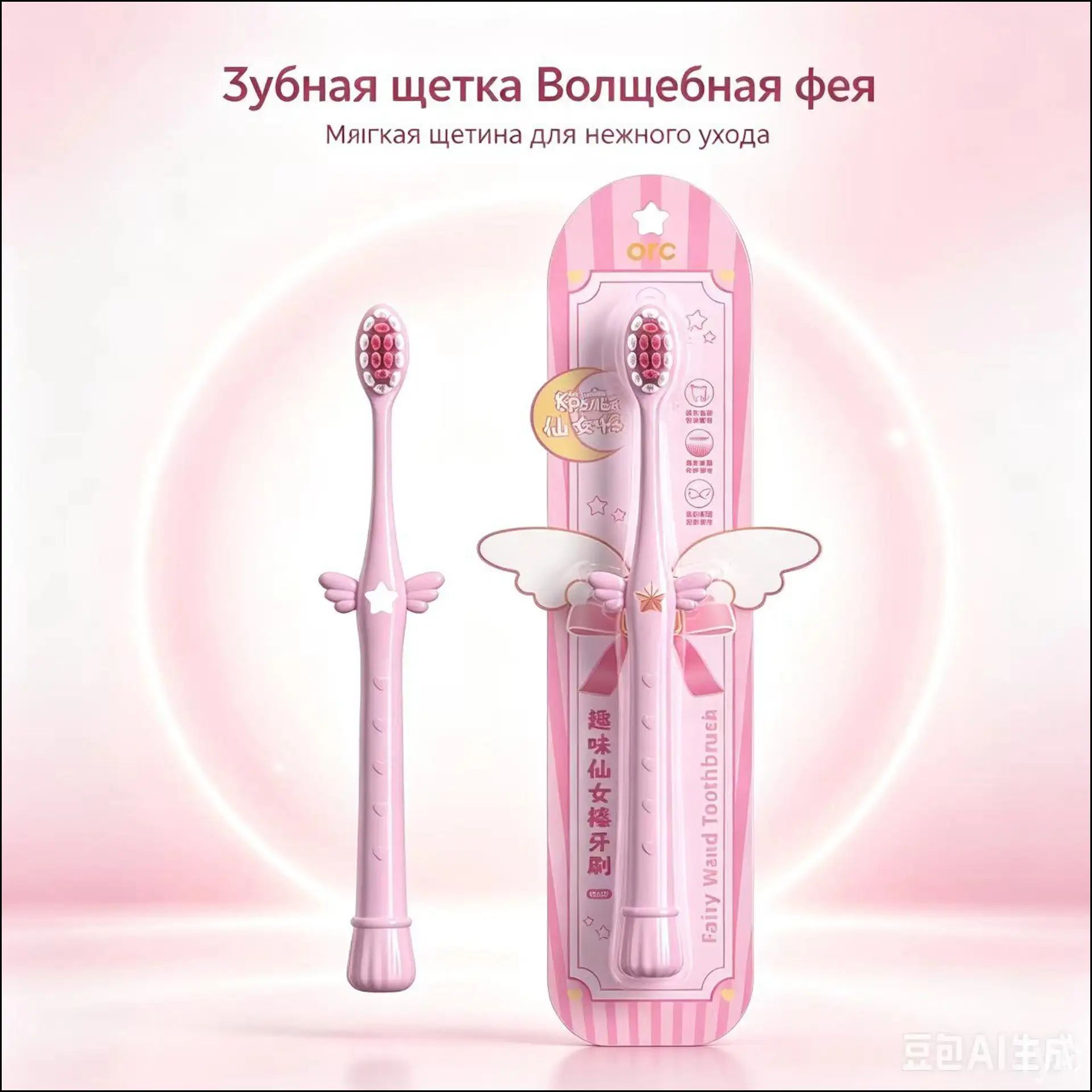 Премиум зубная щетка для юных леди, оснащенная волшебным дизайном феи с крылышками, отличается сверхмягкими волокнами, миниатюрной головкой и изящной розовой рукояткой, поставляется в индивидуальной к