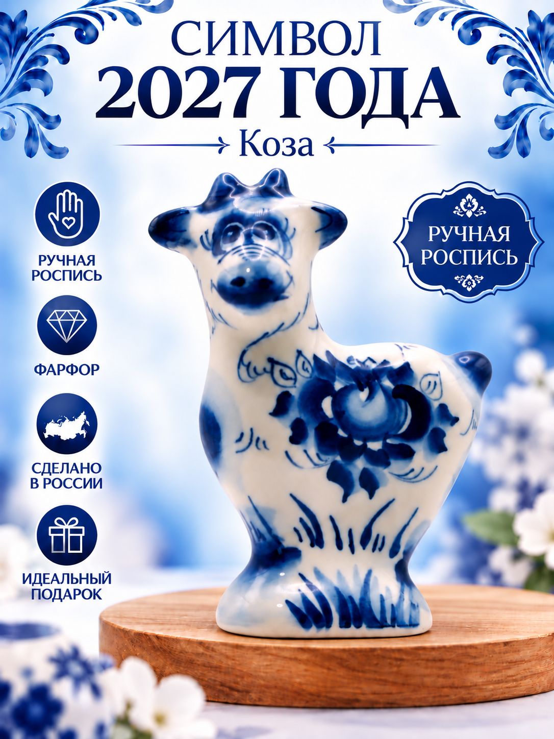 Фигурка Козочка Цветочек, символ 2027 года, керамическая статуэтка козы с ручной росписью, бело-синий сувенир, высота 11.5 см