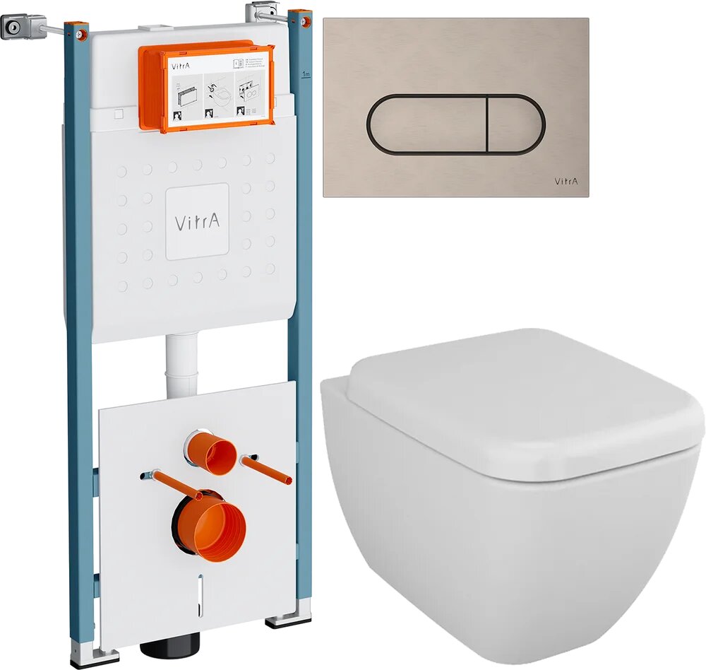 Комплект 4 в 1 Унитаз подвесной VitrA Shift 7742B003-0075, белая глянцевая / Сиденье 91-003-009, с микролифтом, петли хром / Инсталляция Ви-Фикс Кор (V-Fix Core) 732-5800-01PV, Кнопка Рут Раунд (Root
