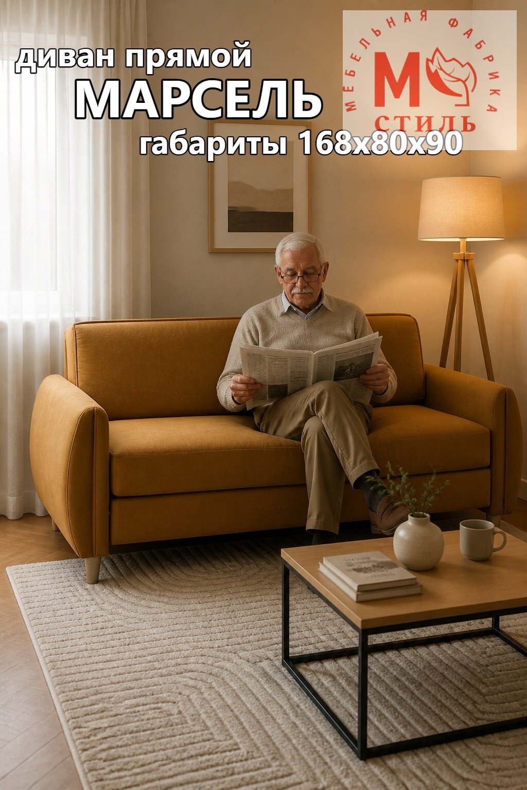 Диван М-Стиль Марсель, раскладной, механизм Еврокнижка, прямой, велюровая обивка, горчичный