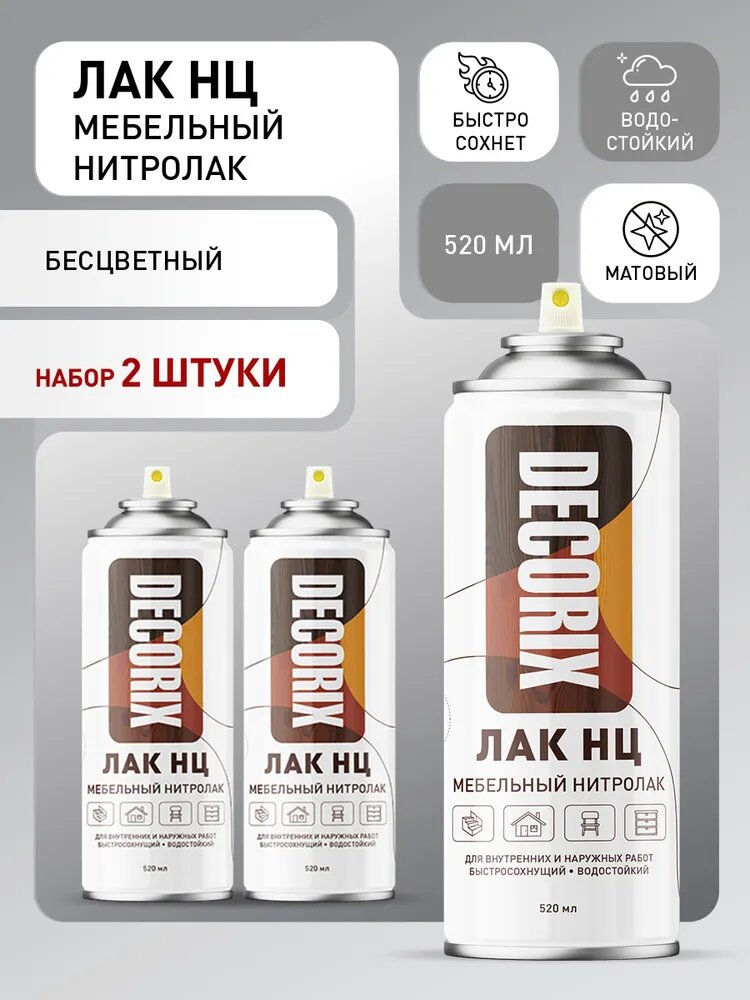 Нитро лак для дерева и мебели матовый аэрозольный DECORIX - нитроцеллюлозный лак DECORIX акриловый в баллончике 520 мл - комплект 2 шт
