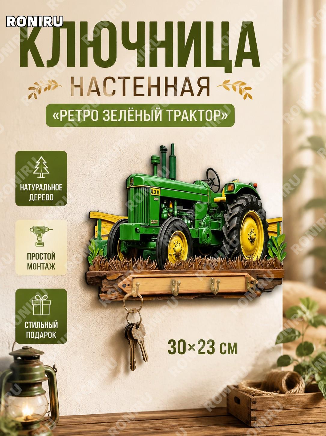 Ключница настенная зелёный трактор ретро 30×23 см, толщина 0.5 см, деревянный держатель ключей 2D плоский для дома