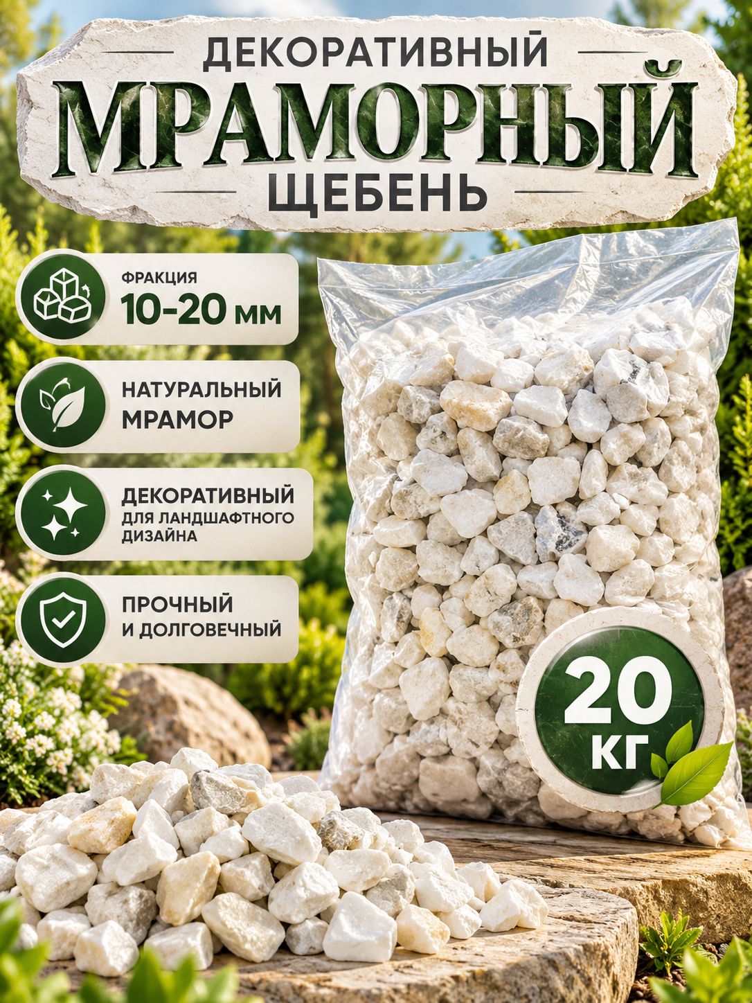 Декоративный мраморный щебень 20 кг, фракция 10-20 мм