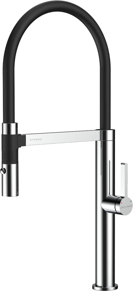 Смеситель для кухни Paulmark Leader Le214101-CR с гибким изливом, с поворотным изливом, хром, черный, глянцевый, однорычажный, латунный, с керамическим картриджем