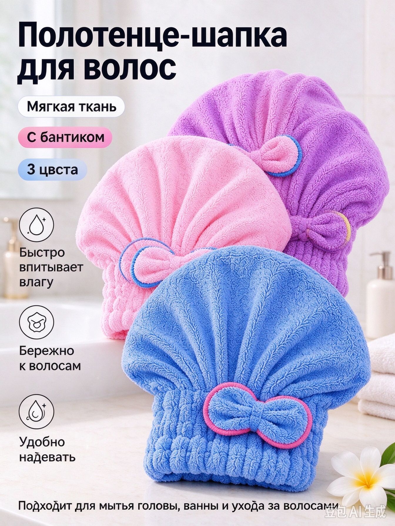Полотенце для волос, шапочка после бани и душа