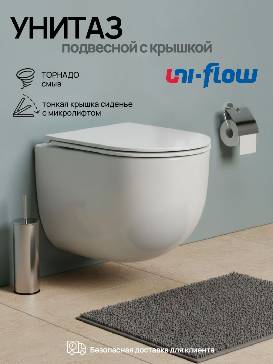 Унитаз подвесной UNI-FLOW UFWCS1205, безободковый, смыв торнадо, с тонкой крышкой микролифт, белый глянцевый