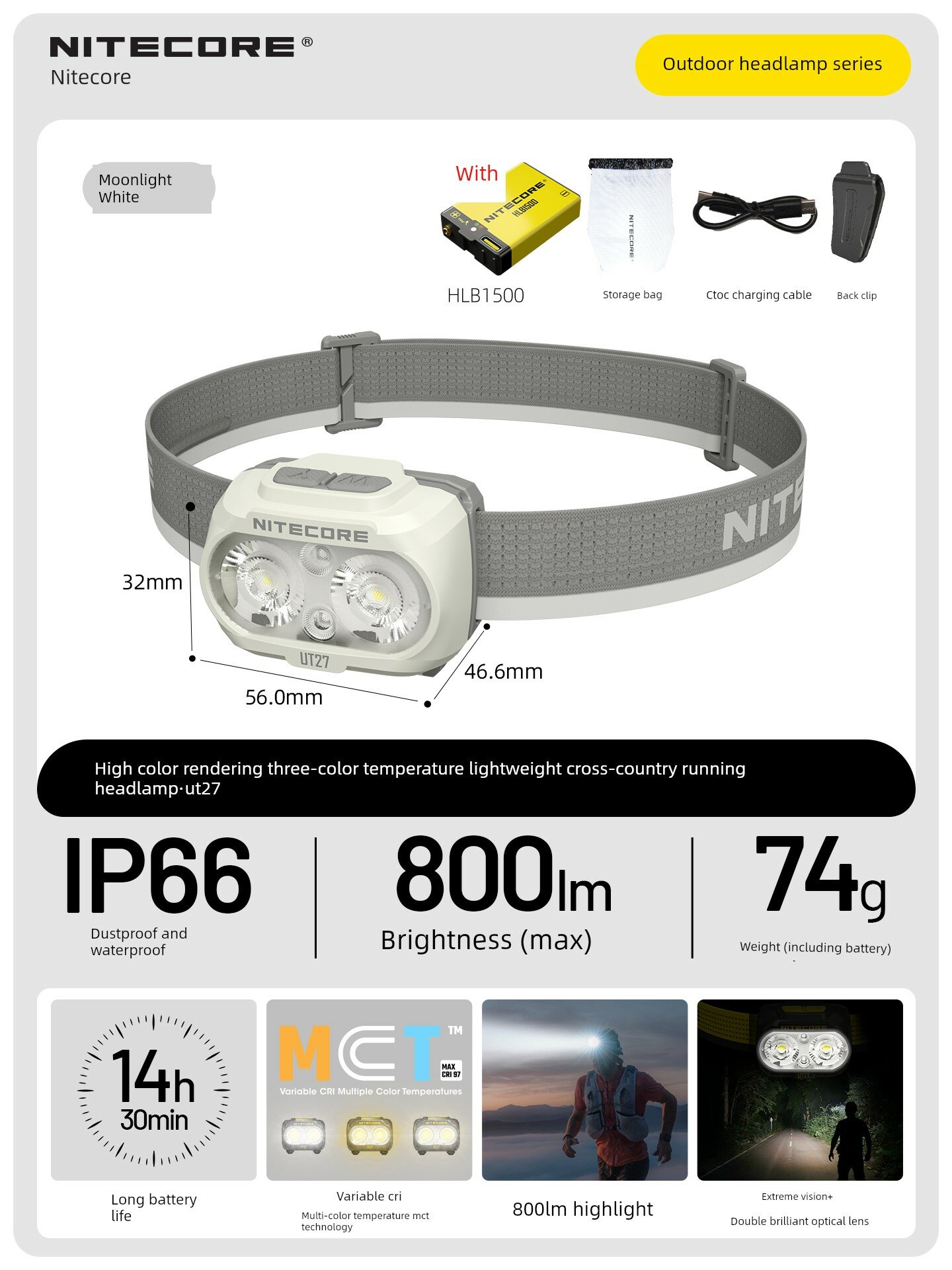 Фонарь на голову Nitecore UT27 MCT Moonlight White стандартная версия с 1 аккумуляторной батареей