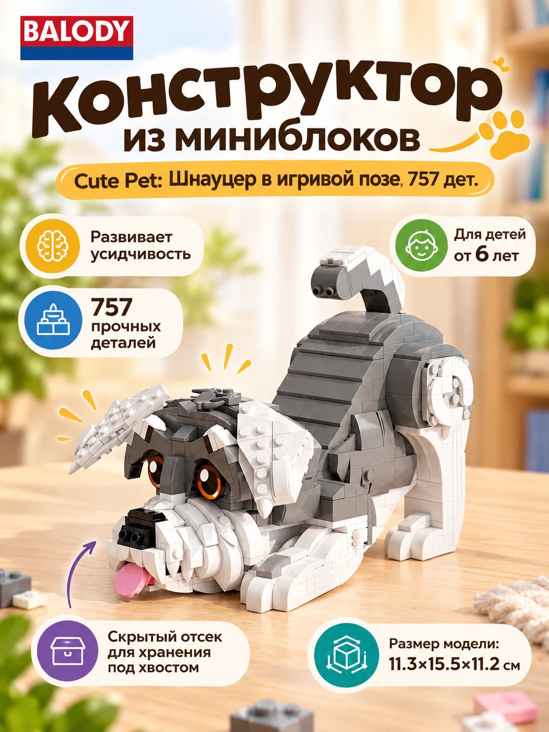 Конструктор из миниблоков Cute Pet: Шнауцер в игривой позе, 757 дет.