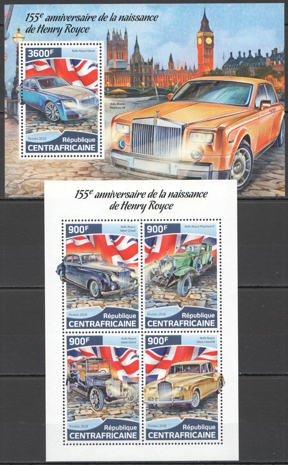 Марки 2018 год ЦАР Генри Ройс Автомобили #7782-5+Бл1756 MNH