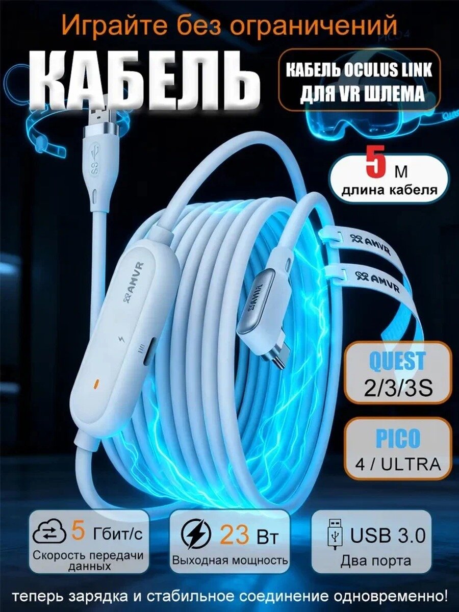 Кабель Syntech VR аксессуар для Oculus Quest 3/ 3S/ 2/ Pico 4/ Ultra/ Pro, Fast Charging Link, с зарядным портом