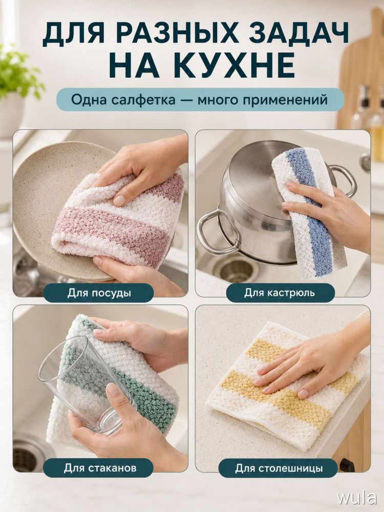 Салфетки для уборки из микрофибры 5 шт 30*30 см кухонные тряпки для уборки, мытья посуды и удаления пыли, мягкие и многоразовые