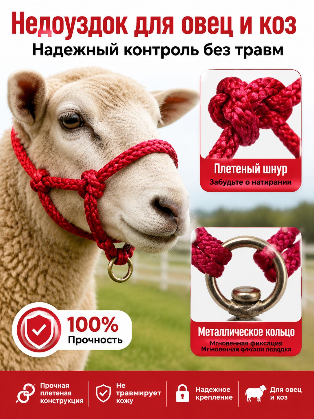 Недоуздок для овец и коз плетеный веревочный с металлическим кольцом для фермерских животных красный