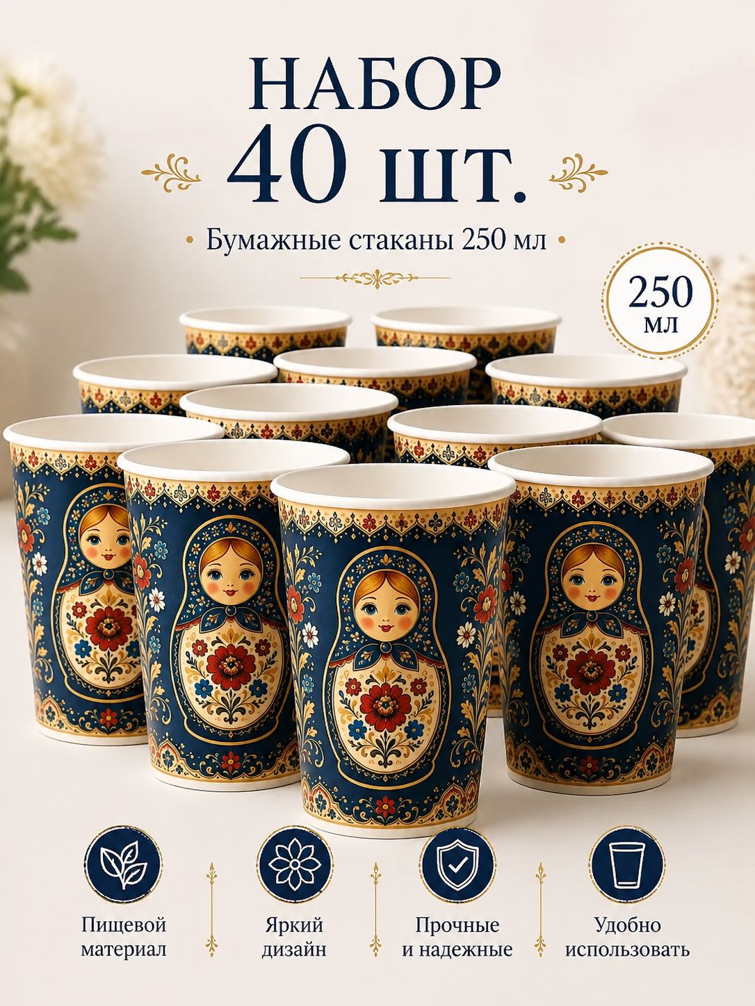 Стаканы одноразовые бумажные 250 мл с рисунком матрёшка, праздничные бумажные стаканчики для дома и мероприятий