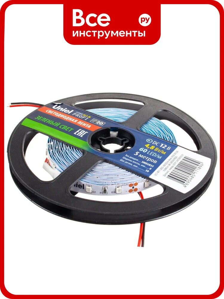 Гибкая светодиодная лента Uniel PROFI ULS-M11-2835-60LED/m-8mm-IP20-DC12V-4,8W/m-5M-GREEN UL-00004360