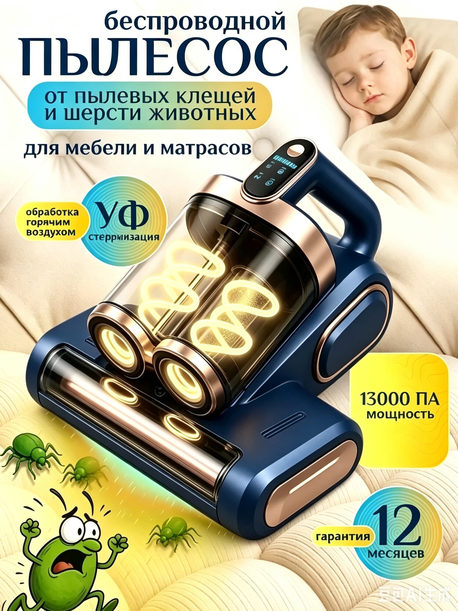 Беспроводной пылесос для мебели и матрасов с УФ-стерилизацией и мощностью всасывания 13000 Па
