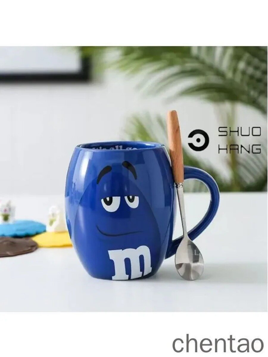 Синяя керамическая кружка с лицом M&M 730 мл для чая и какао