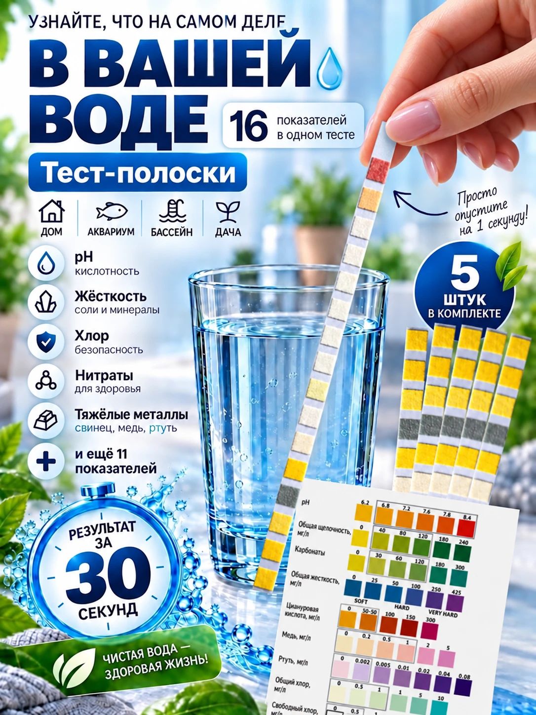 Тест полоски 16 в 1 для определения качества воды, 5 полосок