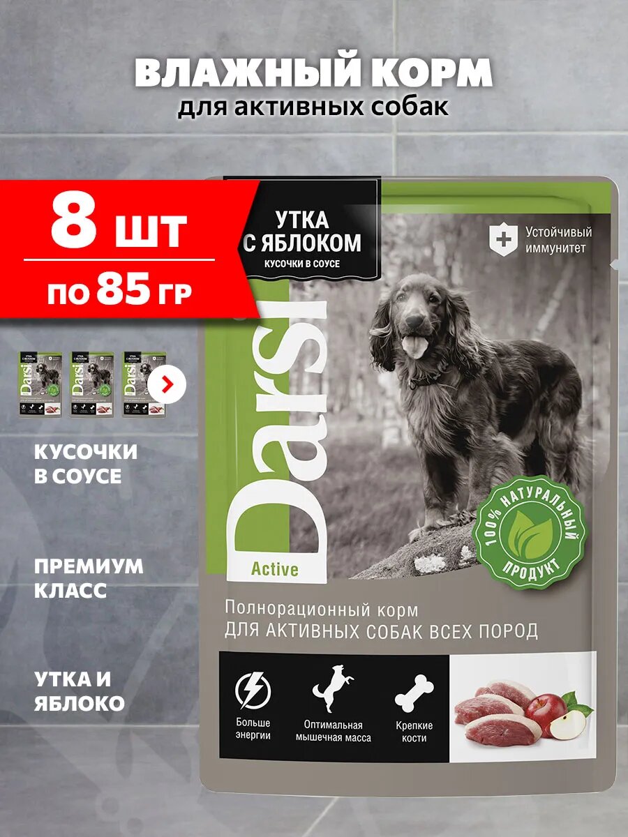 Корм влажный Darsi Active Dog для активных взрослых собак, утка и яблоко в соусе, 85 г 8 шт
