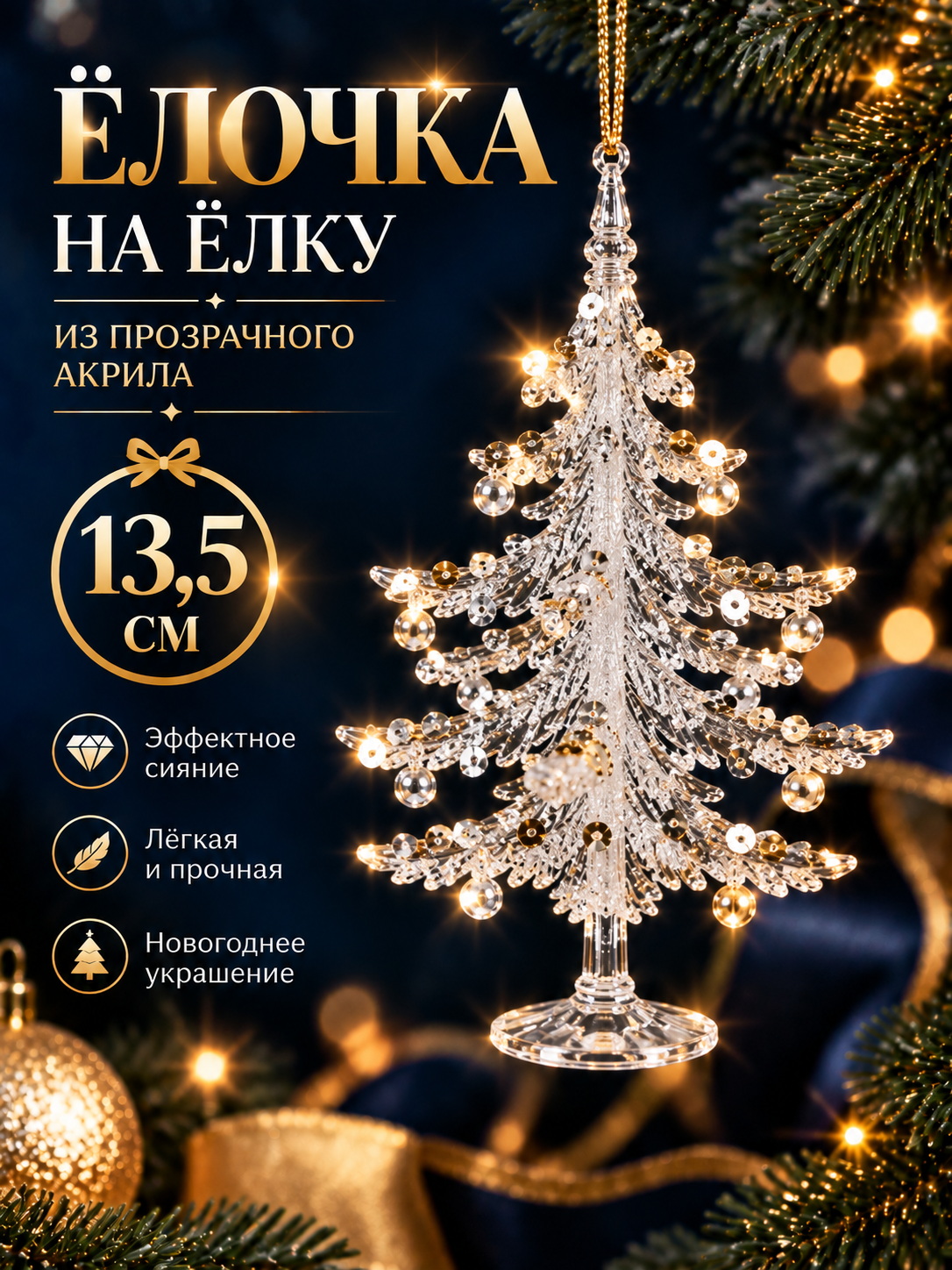 Елочная игрушка акриловая Елка, прозрачное украшение на елку, 9х9х13.5 см