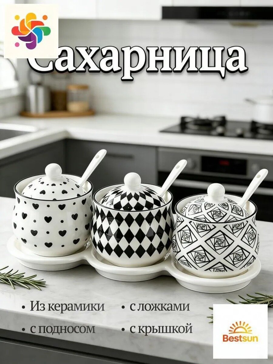 Сахарница "полностью керамический набор: 3 шт с подносом, ложками и крышками, 3 винтажных узора"