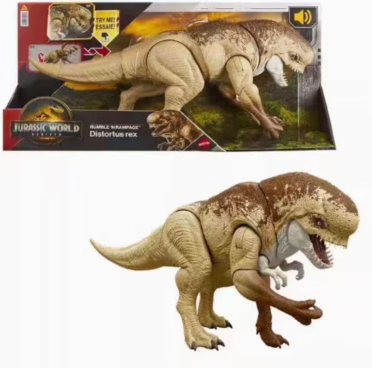 Фигурки Mattel Jurassic World, Серия Rebirth: Искаженный Тираннозавр Рекс, Масштабная интерактивная игрушка со звуковой атакой AR