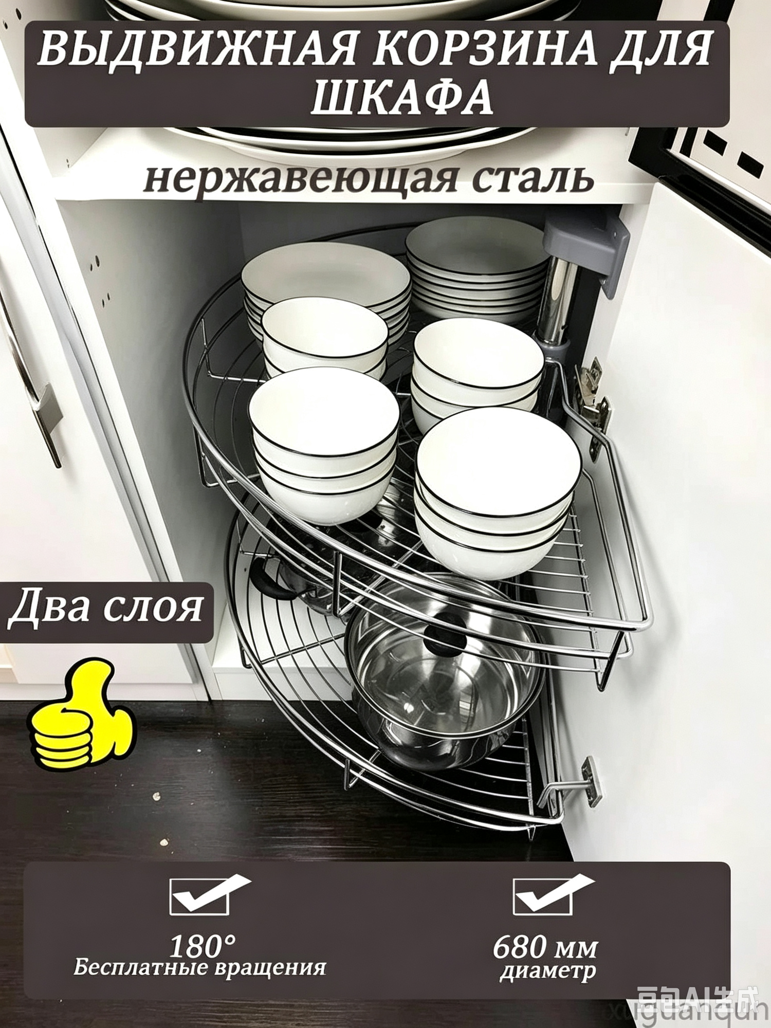 Выкатная корзина «Волшебный Уголок» для кухни, угловой органайзер для хранения посуды в шкаф