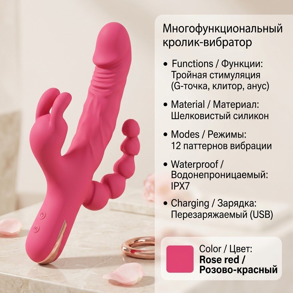 3-в-1 вибратор-кролик с толкающим движением: стимулятор G-точки, клитора и ануса, 10 режимов, водонепроницаемый силикон, для женщин и пар