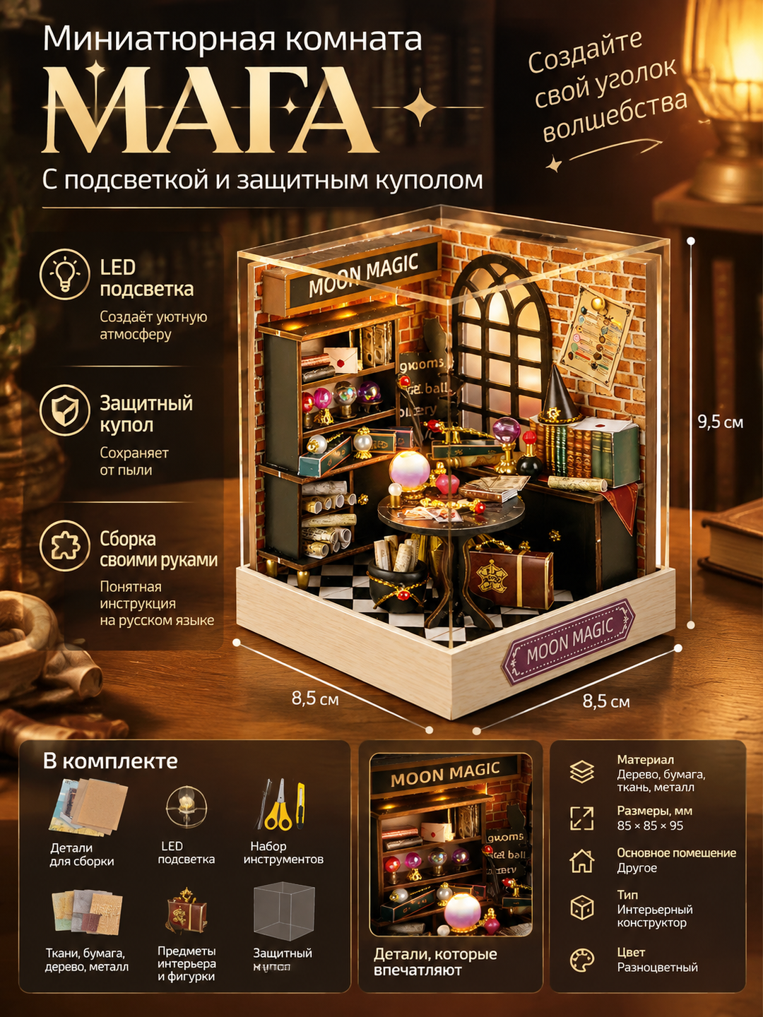 Миниатюрная комната мага со светодиодной подсветкой и защитным куполом, 85×85×95 мм