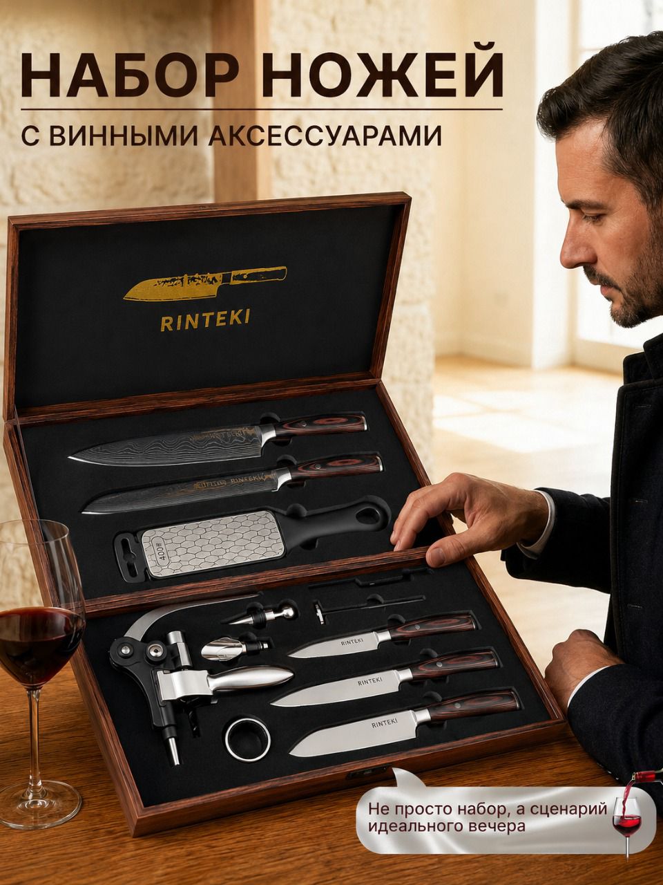 Ножи кухонные, набор ножей кухонных 15 предметов в кейсе / Rinteki / набор для вина