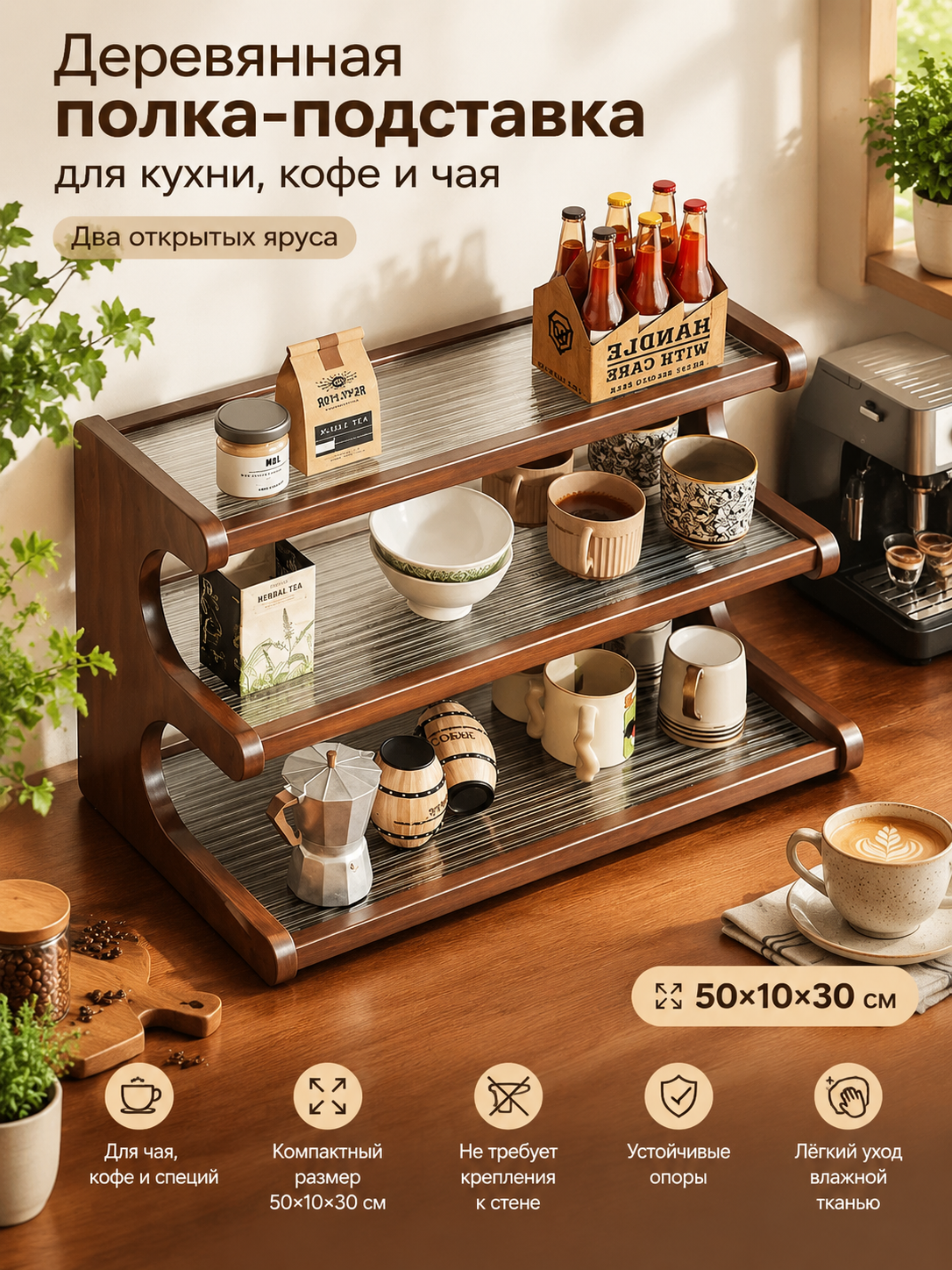 Двухъярусная деревянная полка-подставка для кухни, кофе и чая, органайзер 50х10х30 см