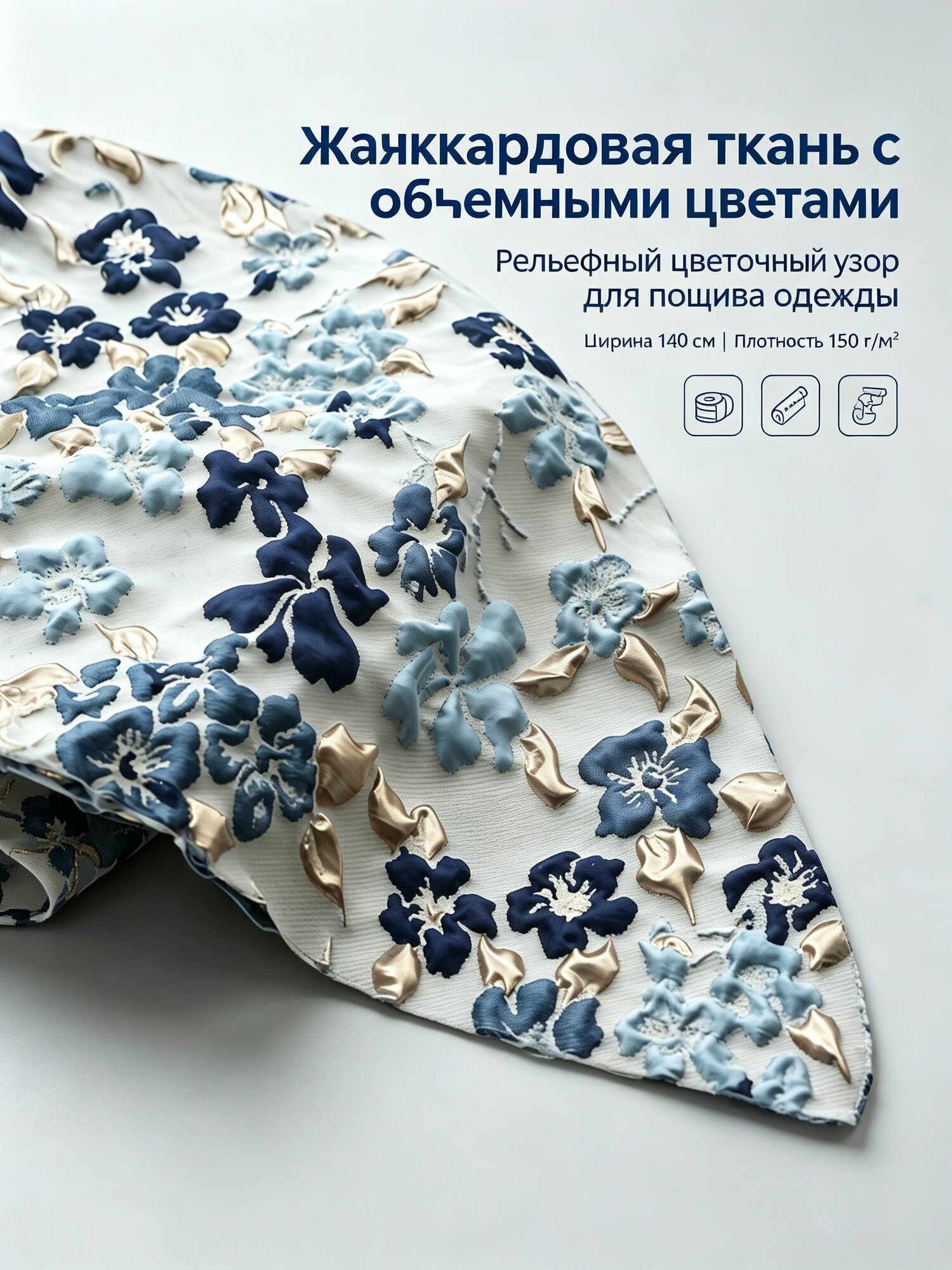 Жаккардовая ткань с объемным цветочным узором. Размер отреза 100*140 см. для пошива платьев, костюмов и блузок