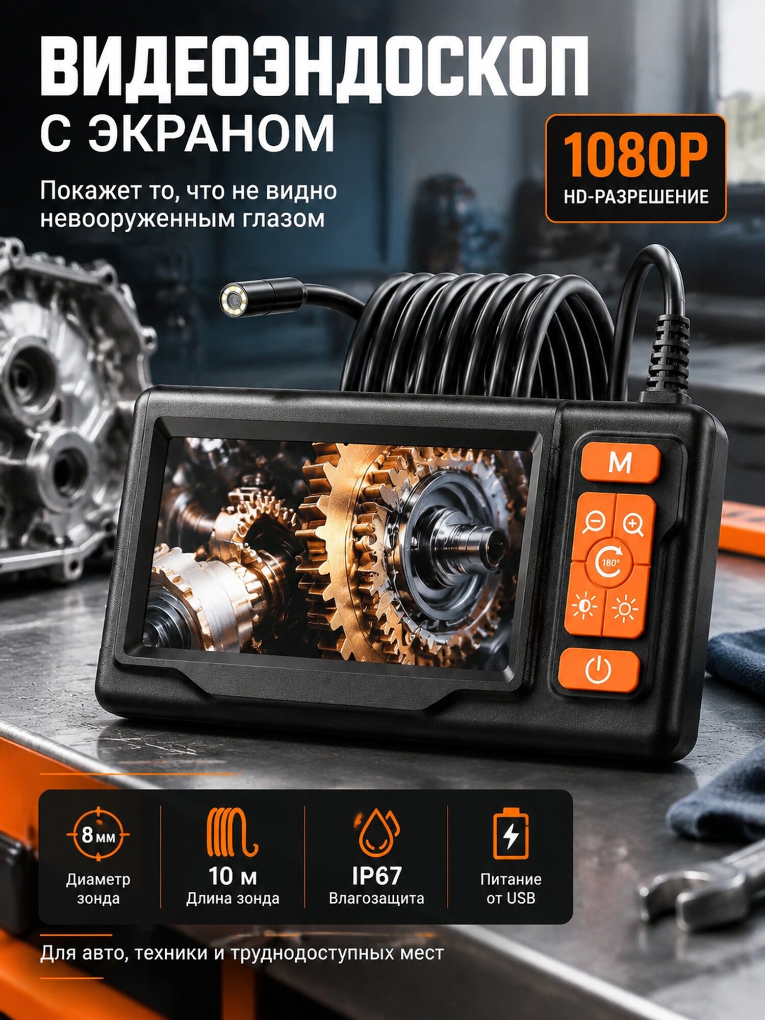 Видеоэндоскоп с экраном и 10-метровым зондом 8 мм, разрешение 1080P