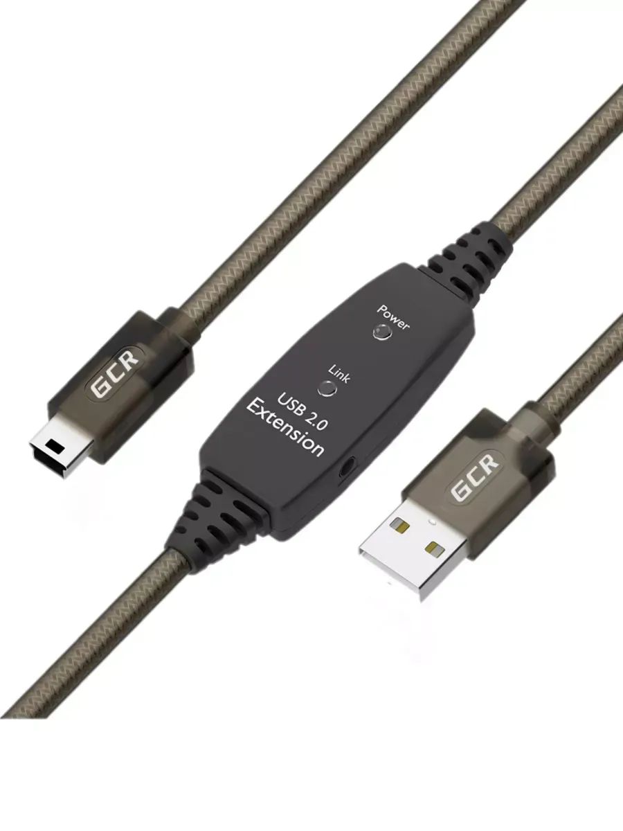 Активный кабель 5м USB 2.0 Mini USB с усилителем сигнала GCR с доп питанием DC 480 Мбит/с Plug&Play медный черно-прозрачный