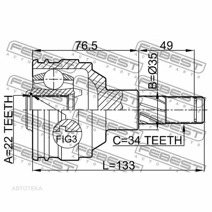 ШРУС внутренний 22X35X34 CHEVROLET LANOS (T100) 1997-2002 FEBEST 1111NEX