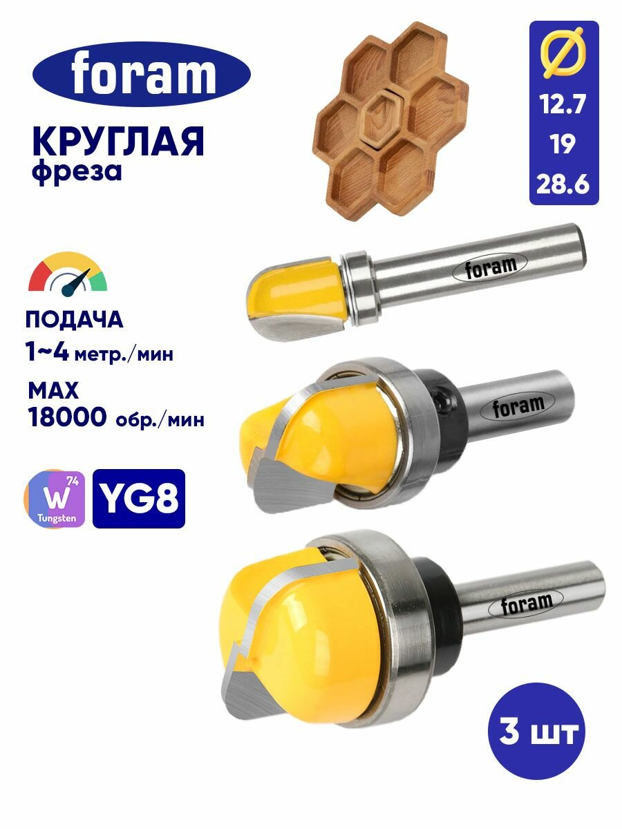 Фреза для менажниц, Foram, 12,7-19,05-28,6 3шт, хвостовик 8мм