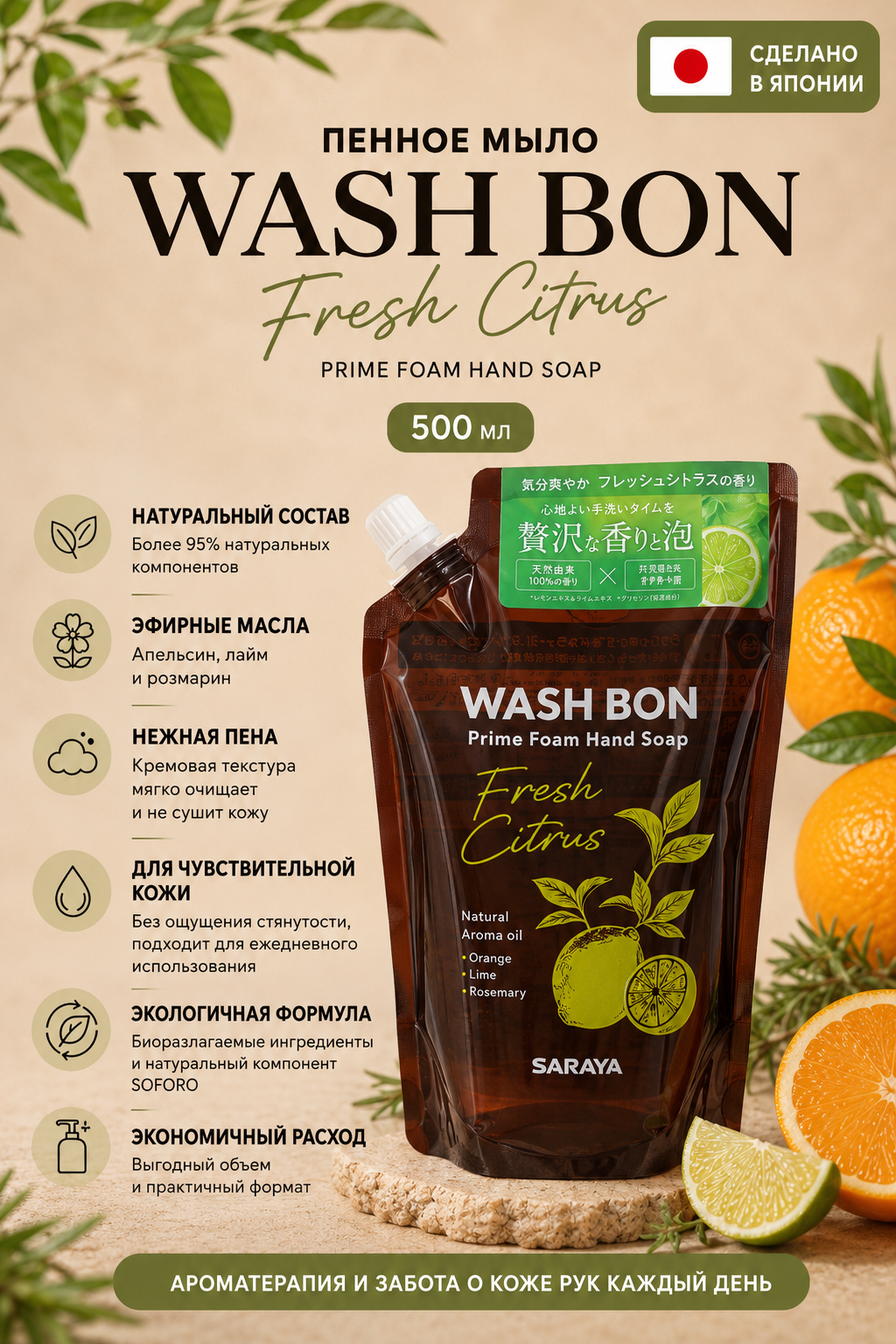 Пенящееся мыло для рук Wash Bon "Цитрус", наполнитель, 500 мл